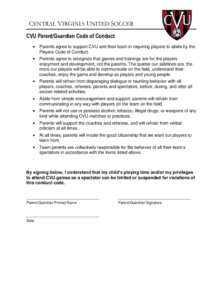Fillable Online Virginia United Football Club (VUFC) PLAYER CODE OF ...