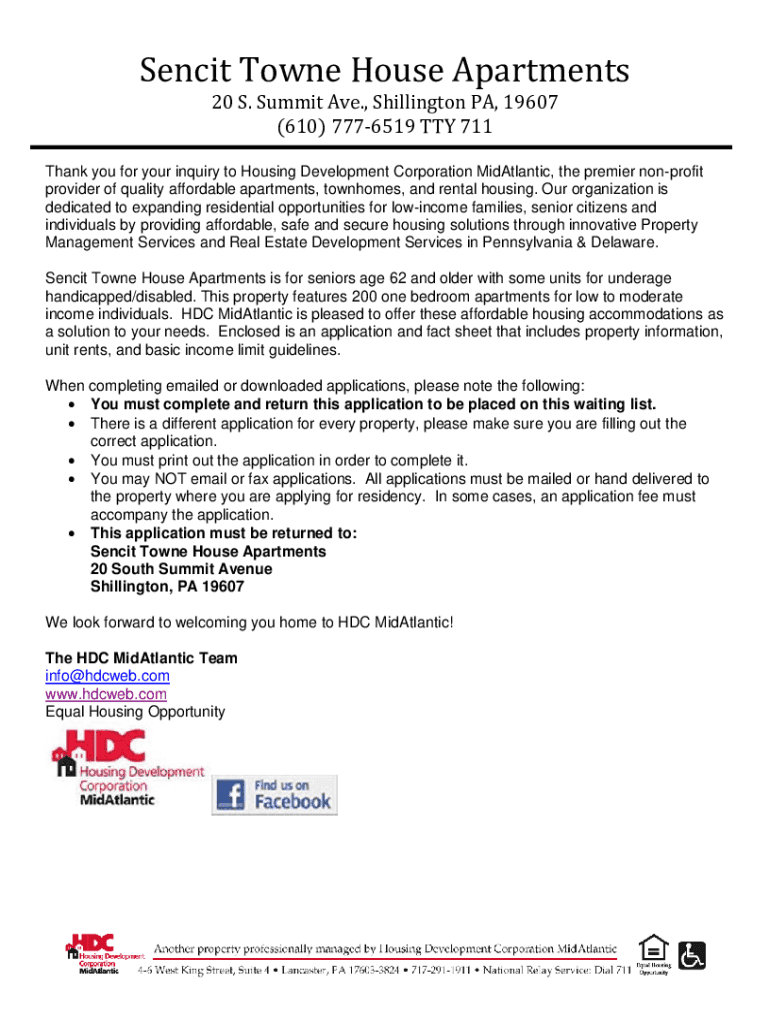 Fillable Online Sencit Senior Affordable Townhouses - Low Income ...