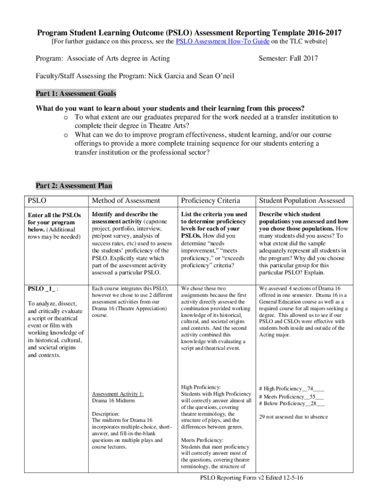 Fillable Online Program Student Learning Outcome (PSLO) Assessment ...