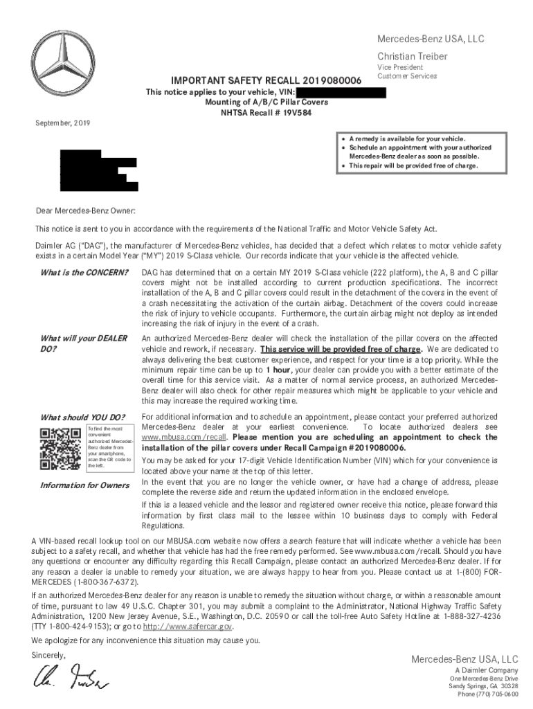 Fillable Online IMPORTANT SAFETY RECALL Mercedes-Benz USA, LLC ... Fax ...