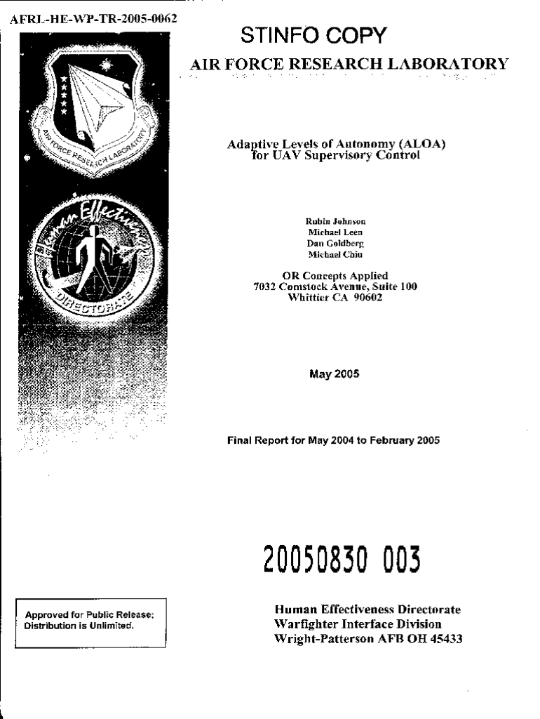 Fillable Online Adaptive Levels of Autonomy (ALOA) for UAV Supervisory ... Fillable Online Adaptive Levels of Autonomy (ALOA) for UAV Supervisory ...
