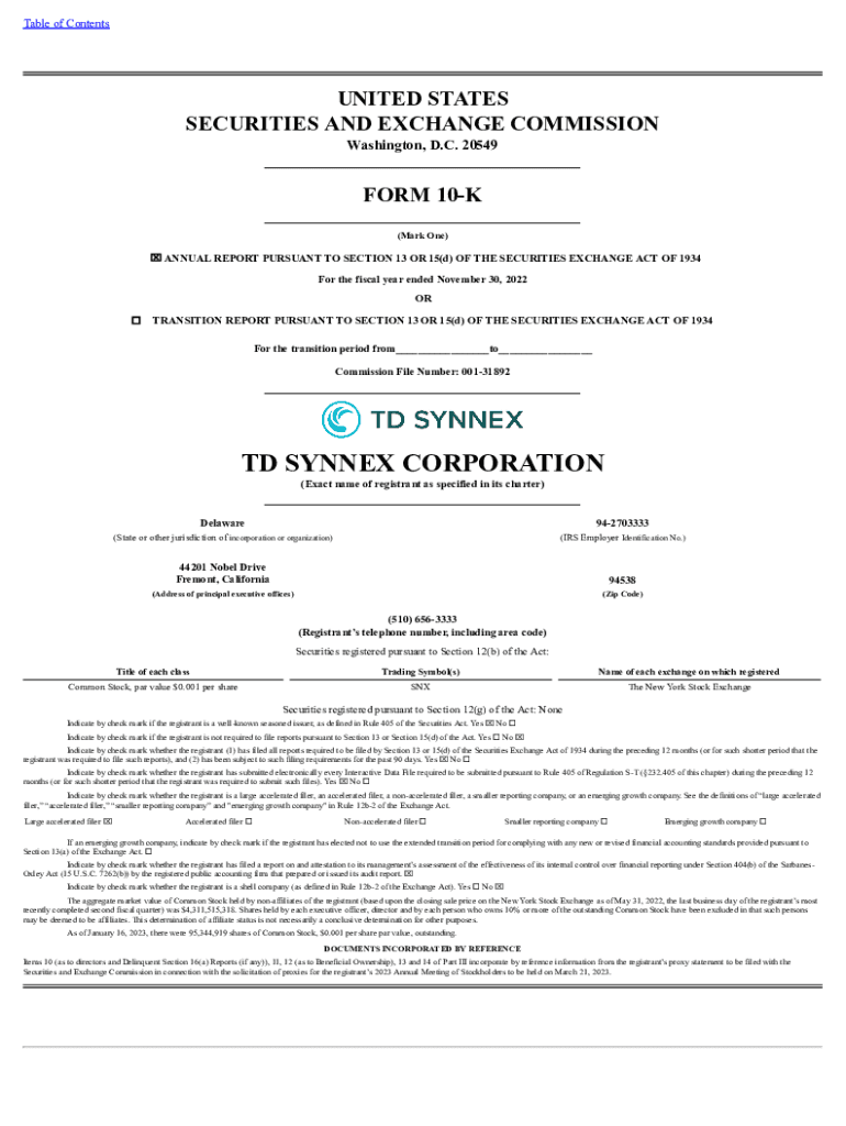 Fillable Online Form 10-K for TD Synnex Corp filed 01/24/2023. 10-K ...