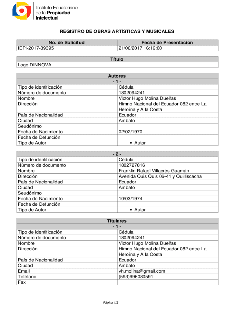 Completable En línea REGISTRO DE OBRAS ARTSTICAS Y MUSICALES Fax Email ...
