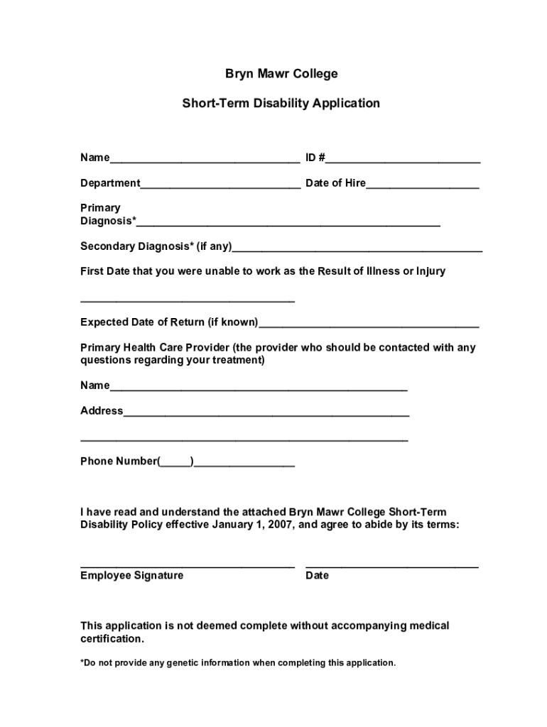 Fillable Online Short Term Disability Application. STD Application Fax ...