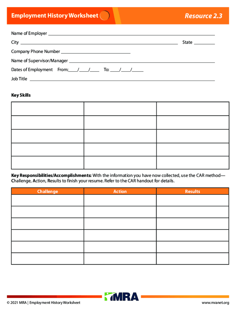Fillable Online Employment History Worksheet Fax Email Print - pdfFiller