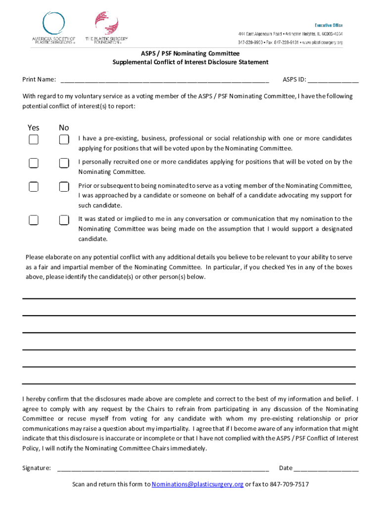 Fillable Online ASPS / PSF Nominating Committee Supplemental Conflict ...