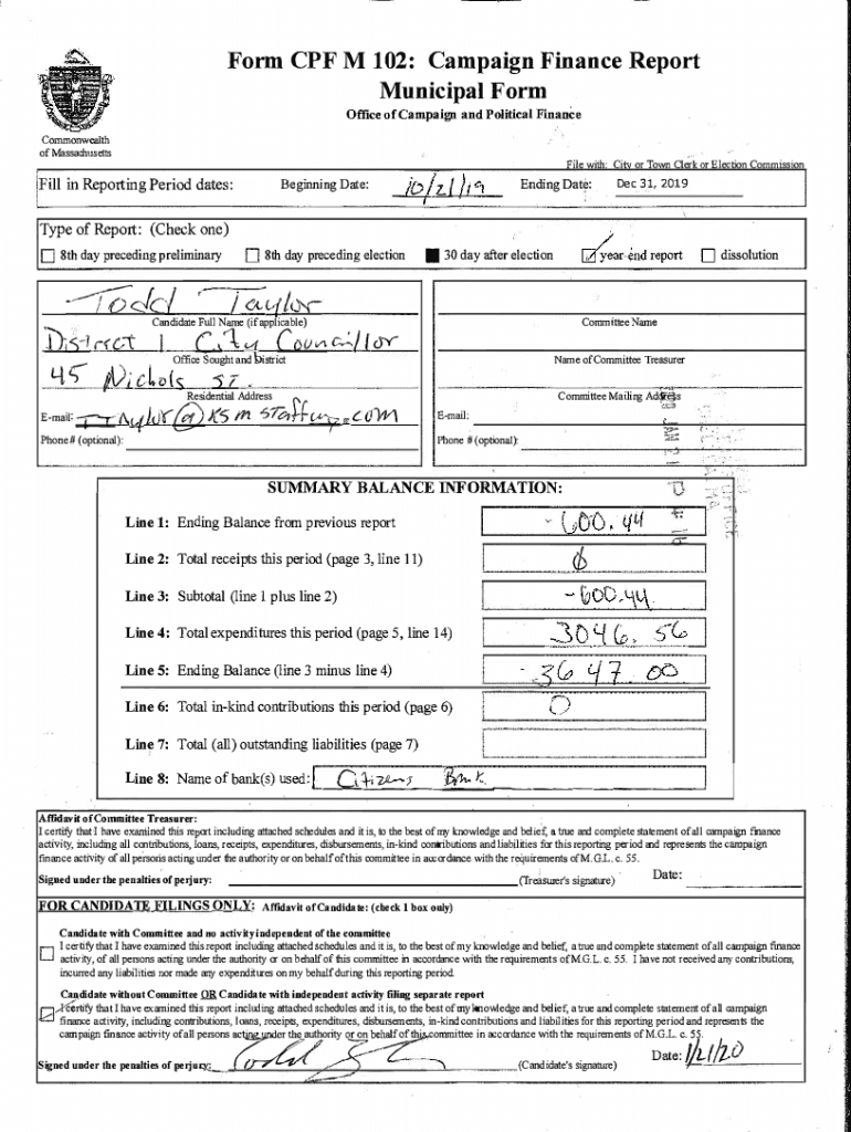 Fillable Online Form CPF M 102: Campaign.Finance Report Municipal ...