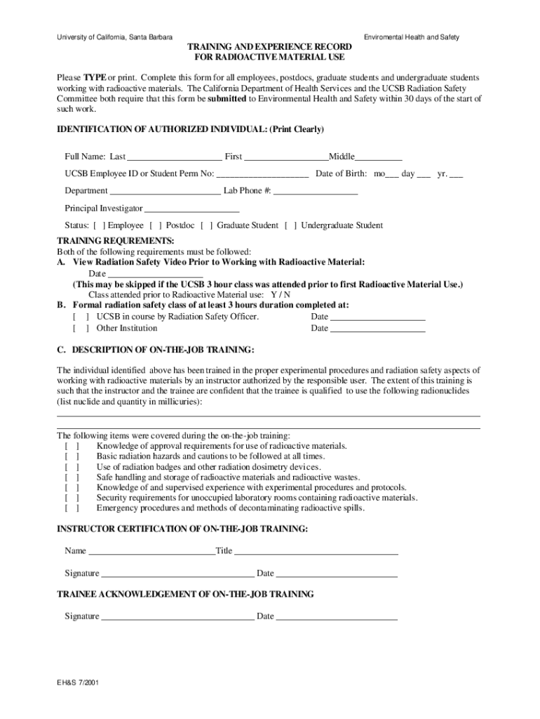 Fillable Online Training and Experience Record for Radioactive Material ...