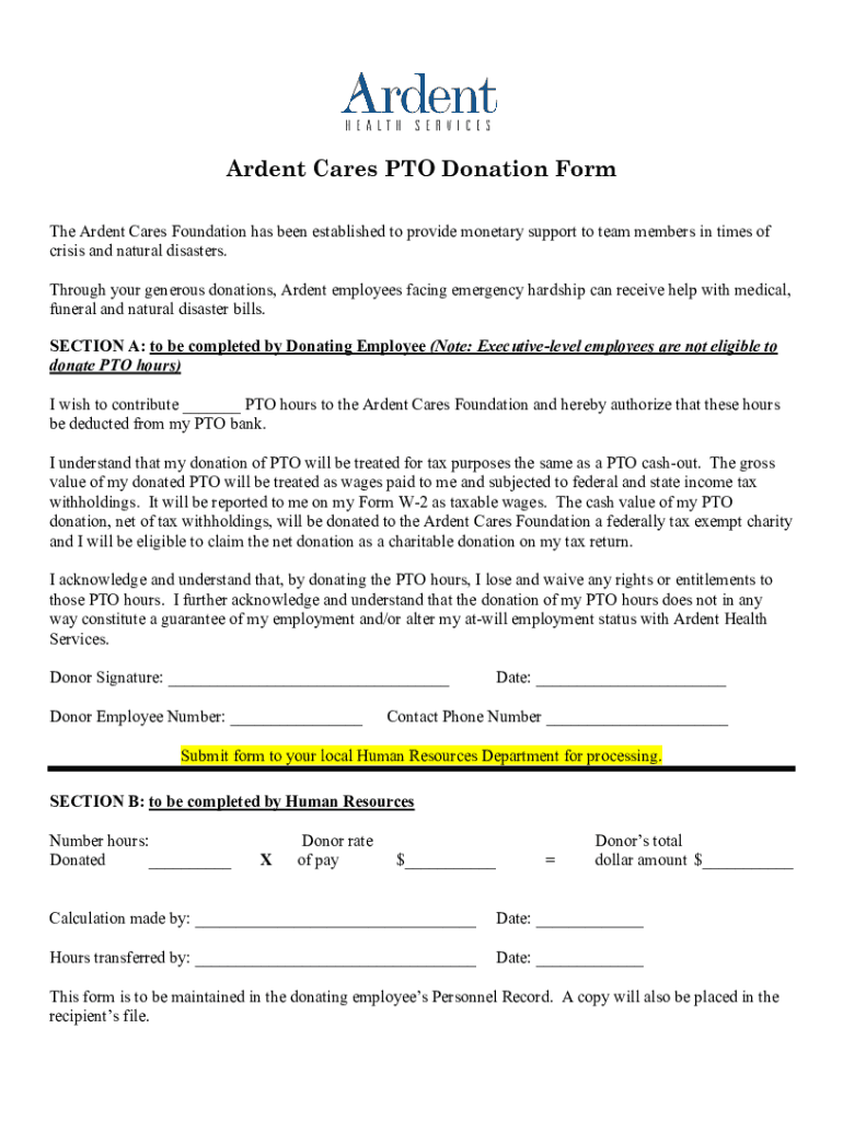 Fillable Online Ardent Cares PTO Donation Form Fax Email Print - pdfFiller