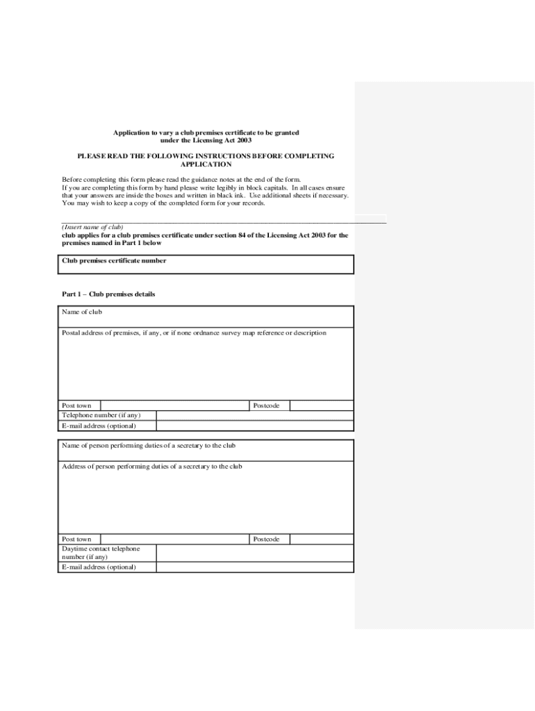 Fillable Online Application pack to vary a club premises certificate ...