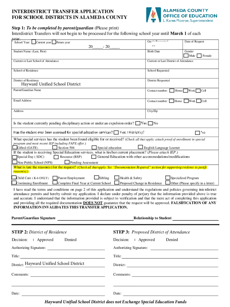 Fillable Online CA Interdistrict Transfer Application For School ...