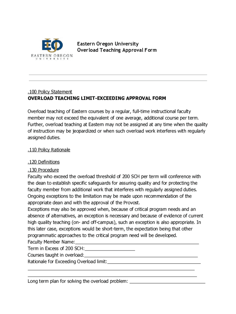 Fillable Online Overload Teaching Approval Form ... Fax Email Print - pdfFiller
