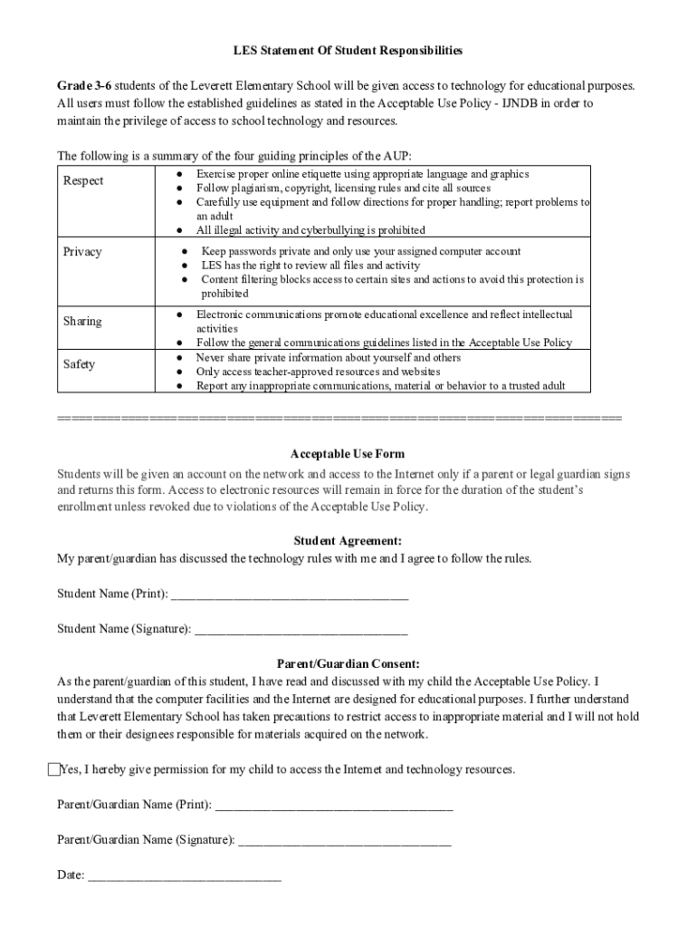 Fillable Online Student Statement of Responsibilities Grades 3-6 Fax ...