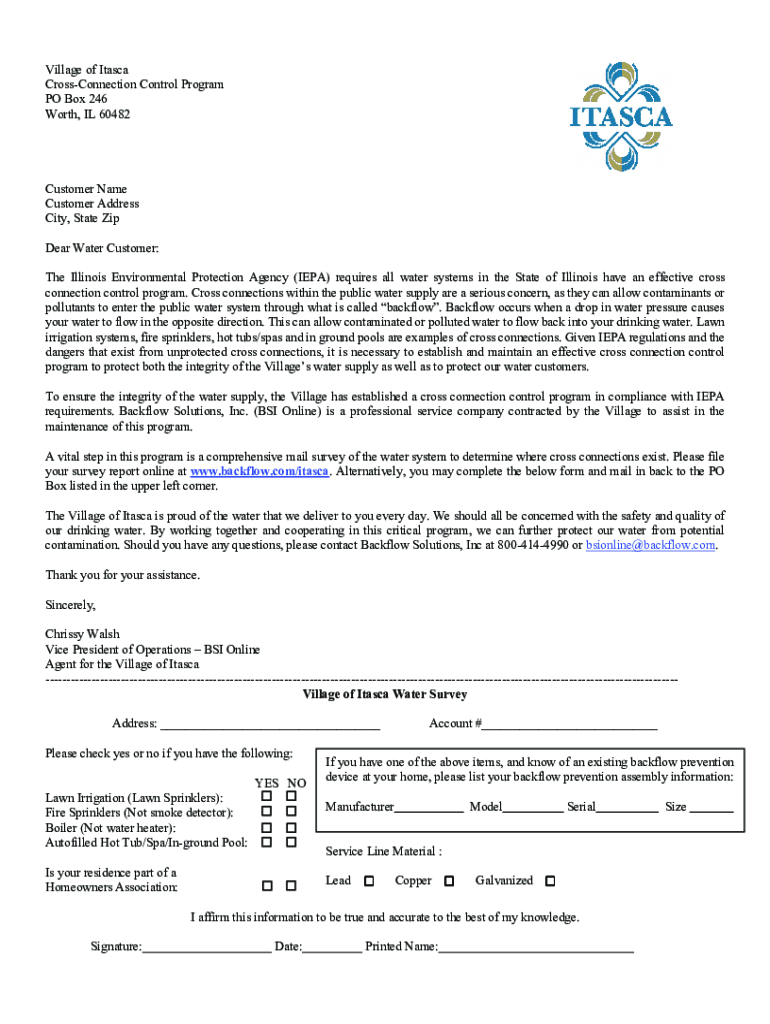 Fillable Online Backflow Inspection ProgramItasca, IL - Official ...