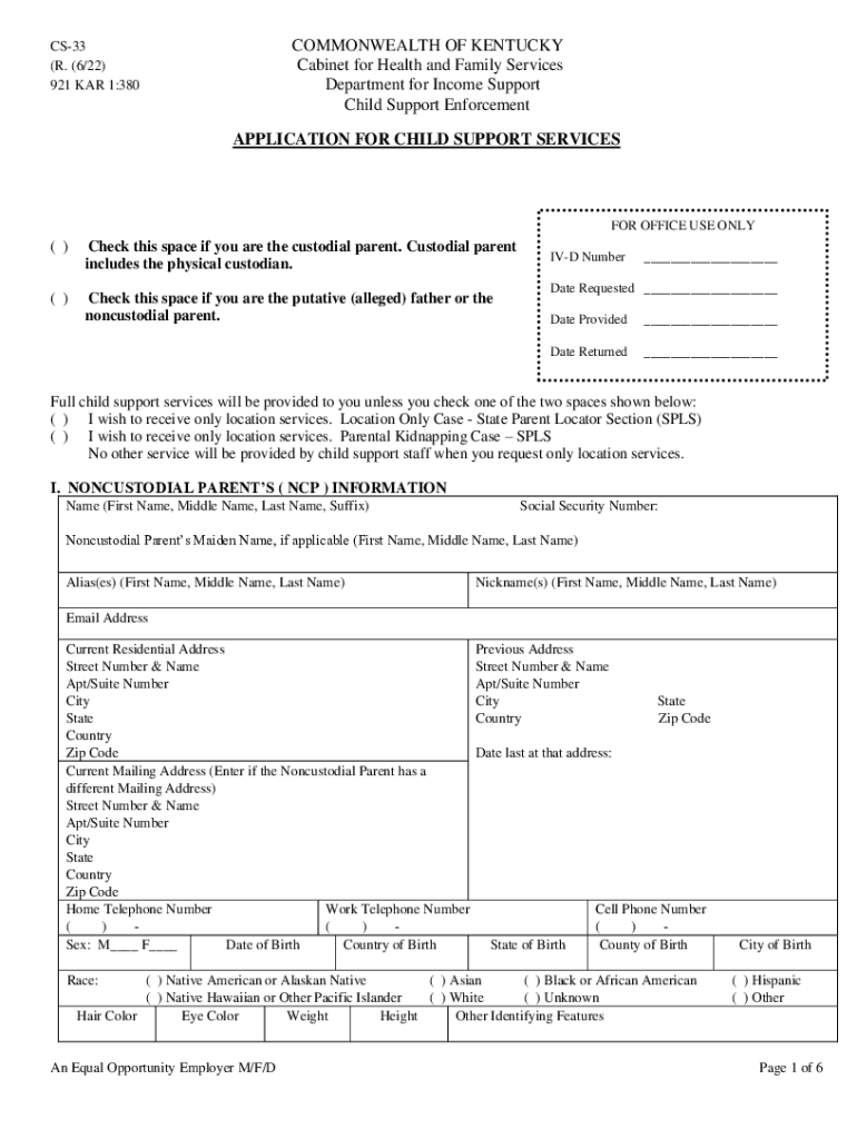 Fillable Online Child Support Enforcement - Cabinet for Health and ...