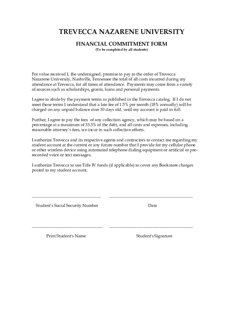 Fillable Online trevecca nazarene university - financial commitment ...