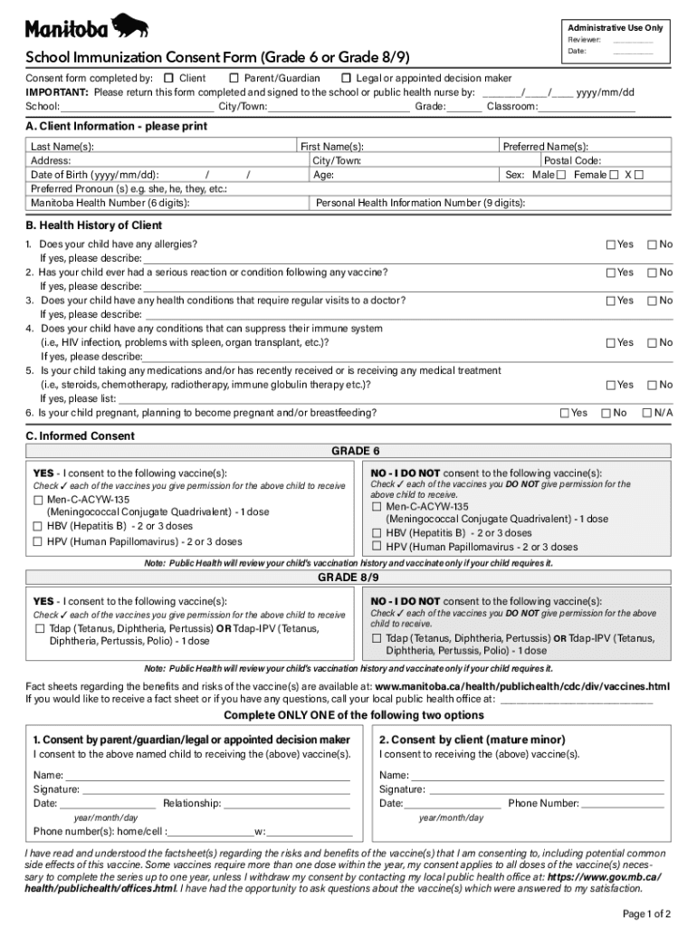 Fillable Online School Immunization Consent Form (Grade 6 or Grade 8/9 ...