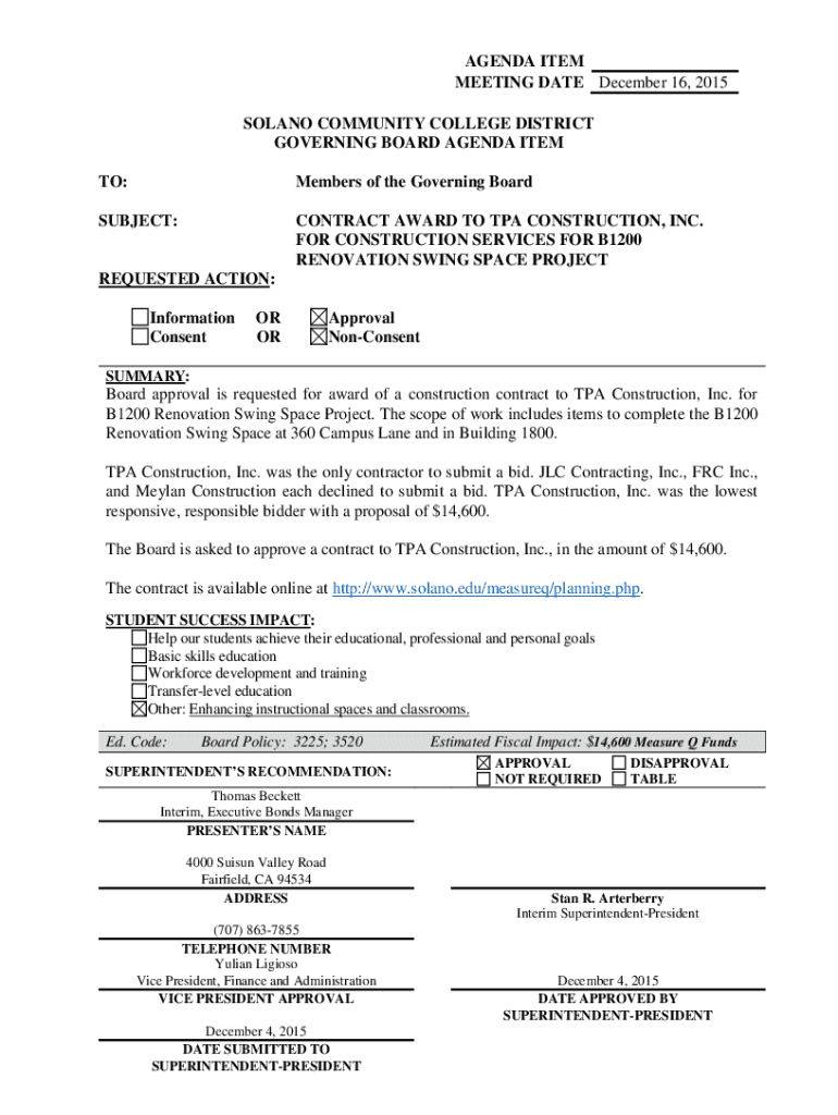 Fillable Online CONTRACT AWARD TO TPA CONSTRUCTION, INC Fax Email Print ...