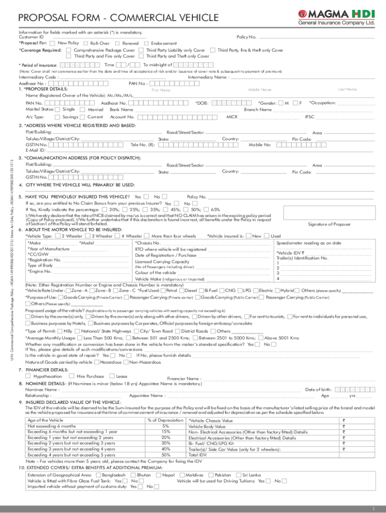 Fillable Online proposal form - commercial vehicle insurance policy Fax ...