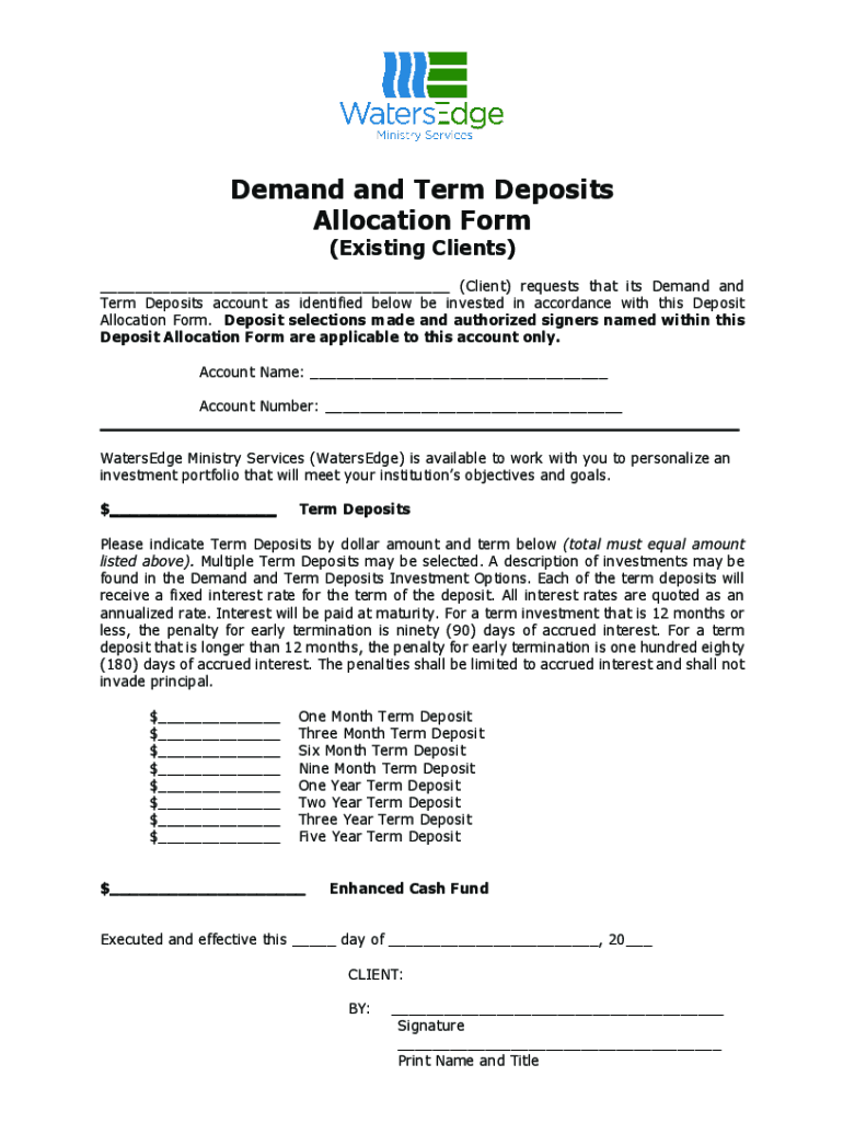 Fillable Online Demand and Term Deposits Allocation Form for Existing ...