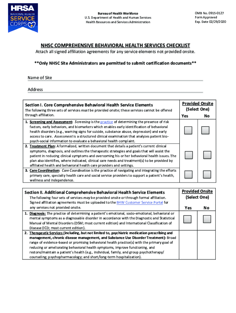 Fillable Online NHSC COMPREHENSIVE BEHAVIORAL HEALTH SERVICES CHECKLIST ...