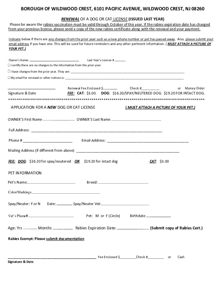 Fillable Online renewal of a dog or cat license (issued last year) Fax ...