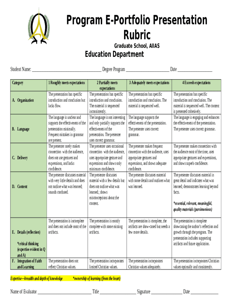 Program E-Portfolio Presentation Rubric Doc Template | pdfFiller