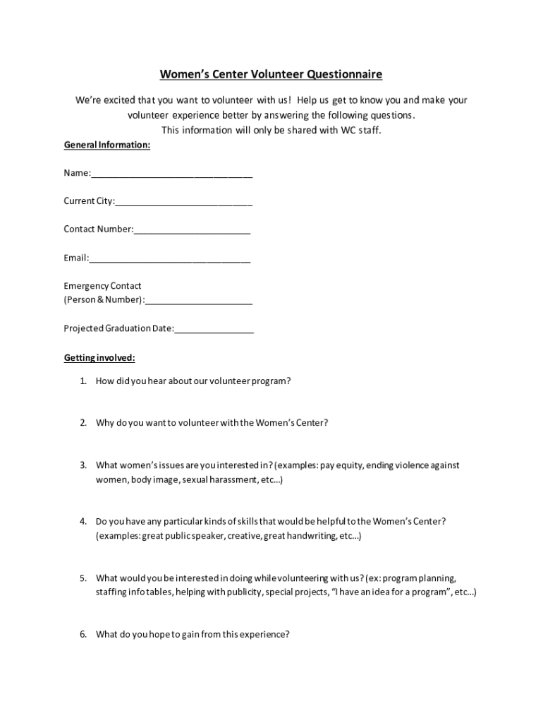 Fillable Online Volunteer Questionnaire Distributed Fax Email Print ...
