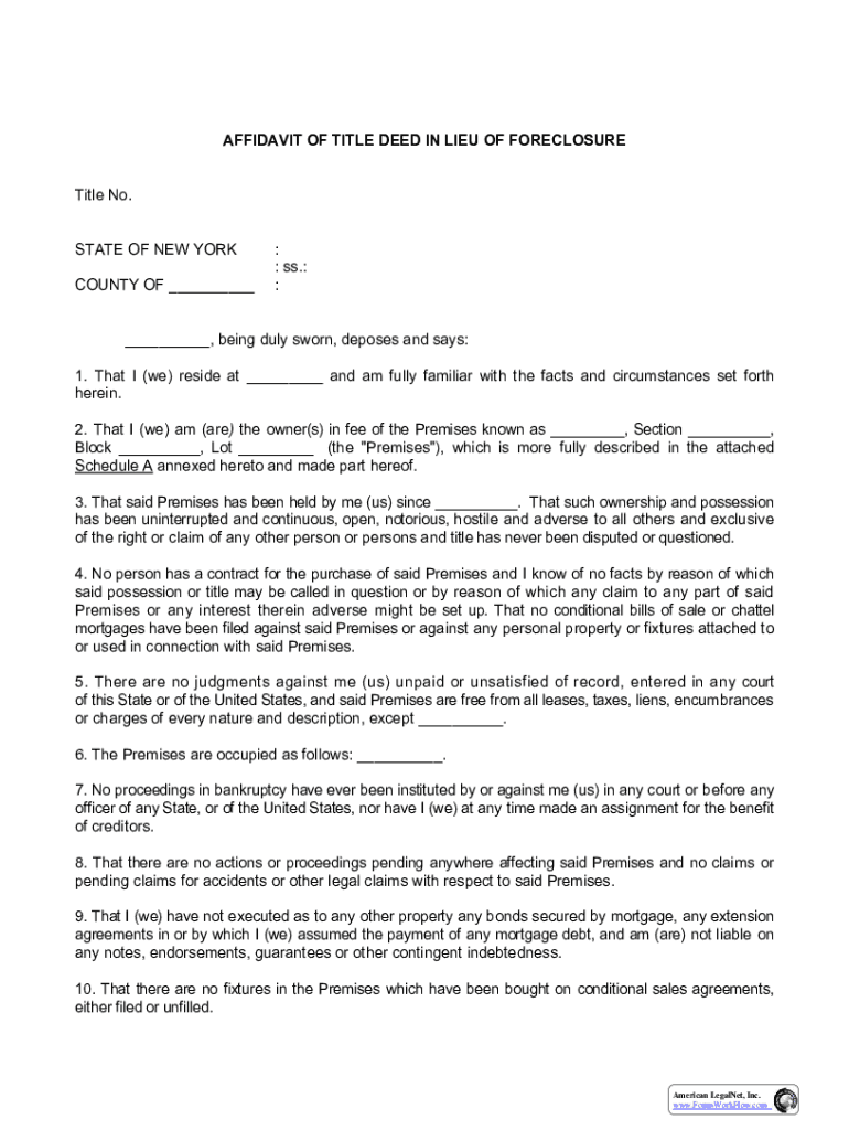 Fillable Online Deed in Lieu of Foreclosure Affidavit - Stewart Title ...