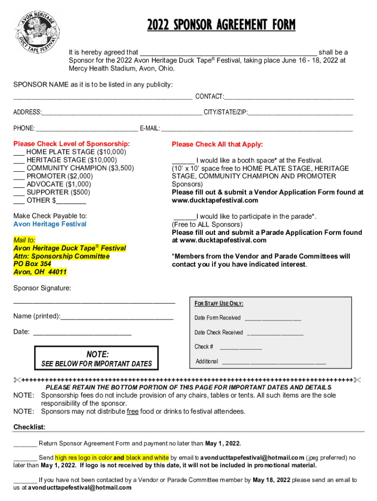 Fillable Online Avon Heritage Festival sponsored by Duck Brand Fax ...