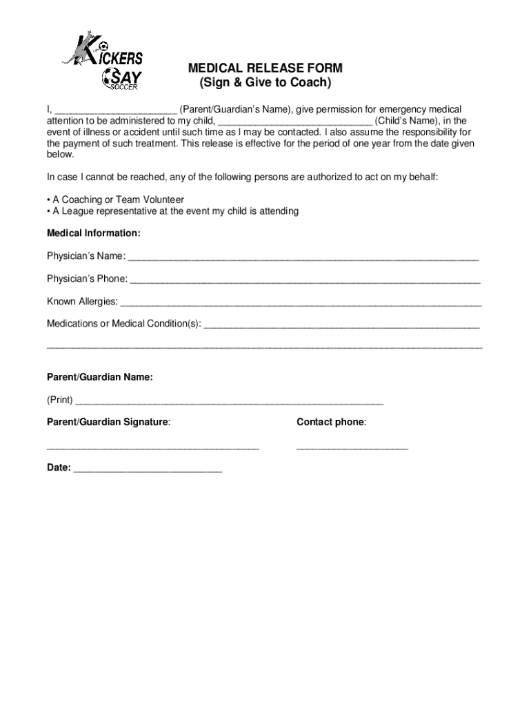Fillable Online MEDICAL RELEASE FORM (Sign & Give to Coach) - Ngin Fax ...