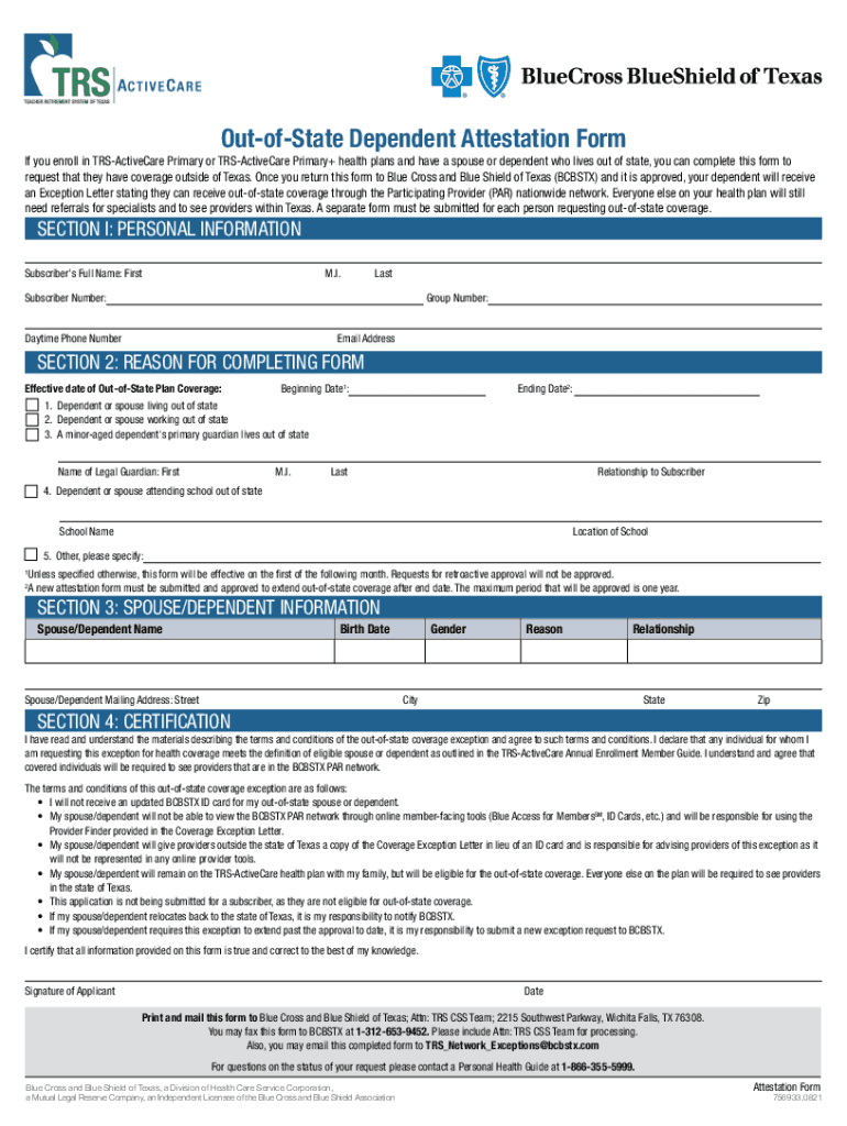 Fillable Online Out-of-State Dependent Attestation Form Fax Email Print ...