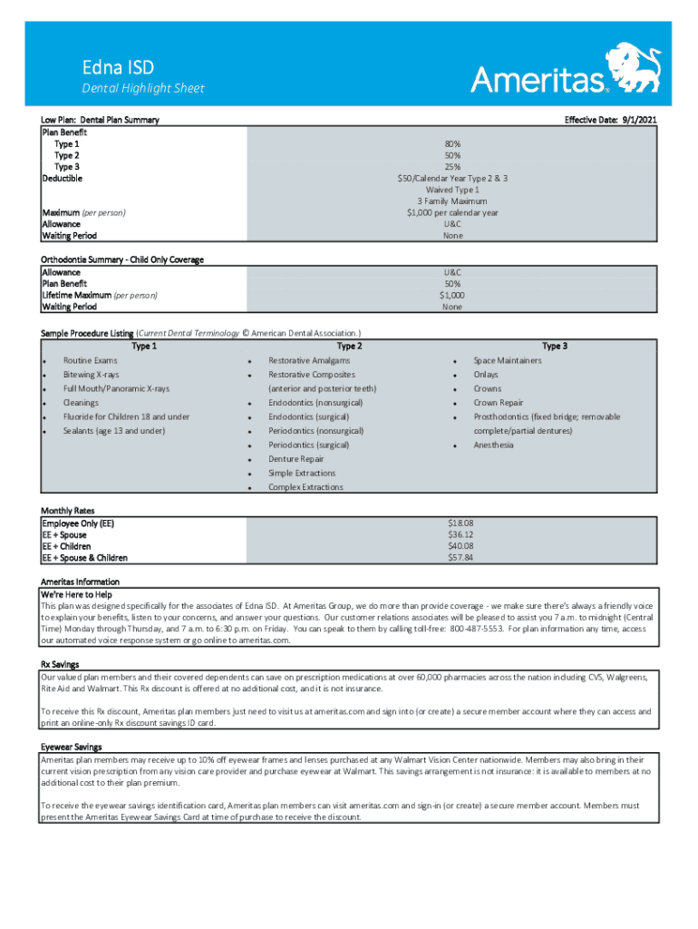 Fillable Online Edna ISD Dental Plan Highlight Sheet.docx Fax Email ...
