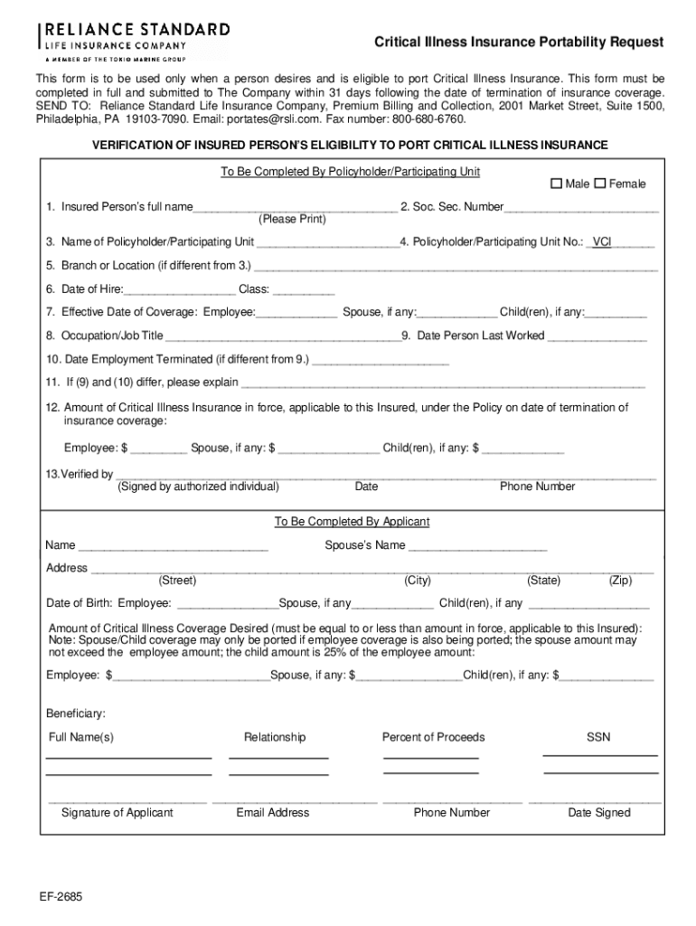 Fillable Online Request for Portability - Critical Illness Fax Email ...
