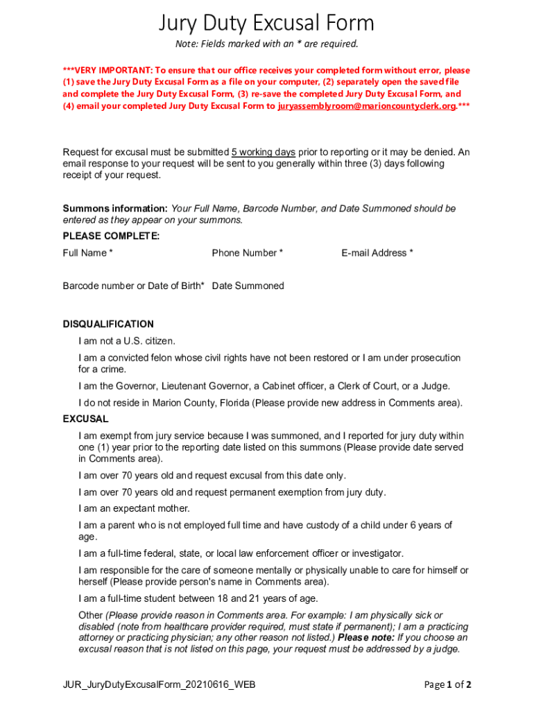 Fillable Online Jury Duty Excusal Form Fax Email Print - pdfFiller