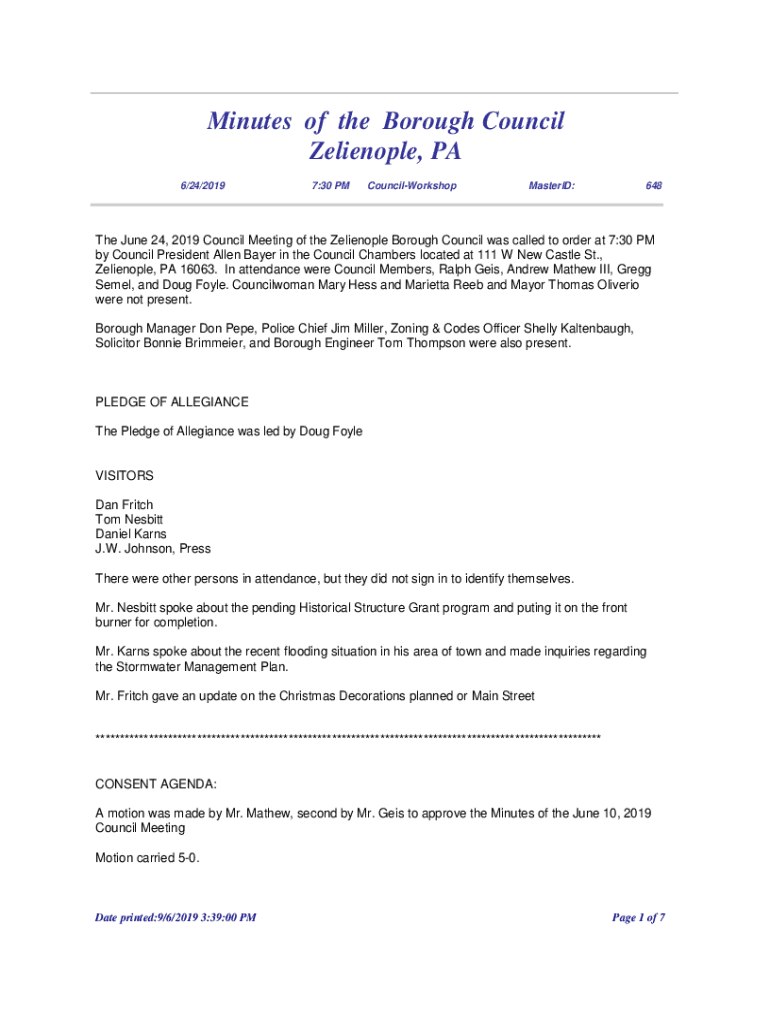 Fillable Online In attendance were Council Members, Ralph Geis, Andrew ...