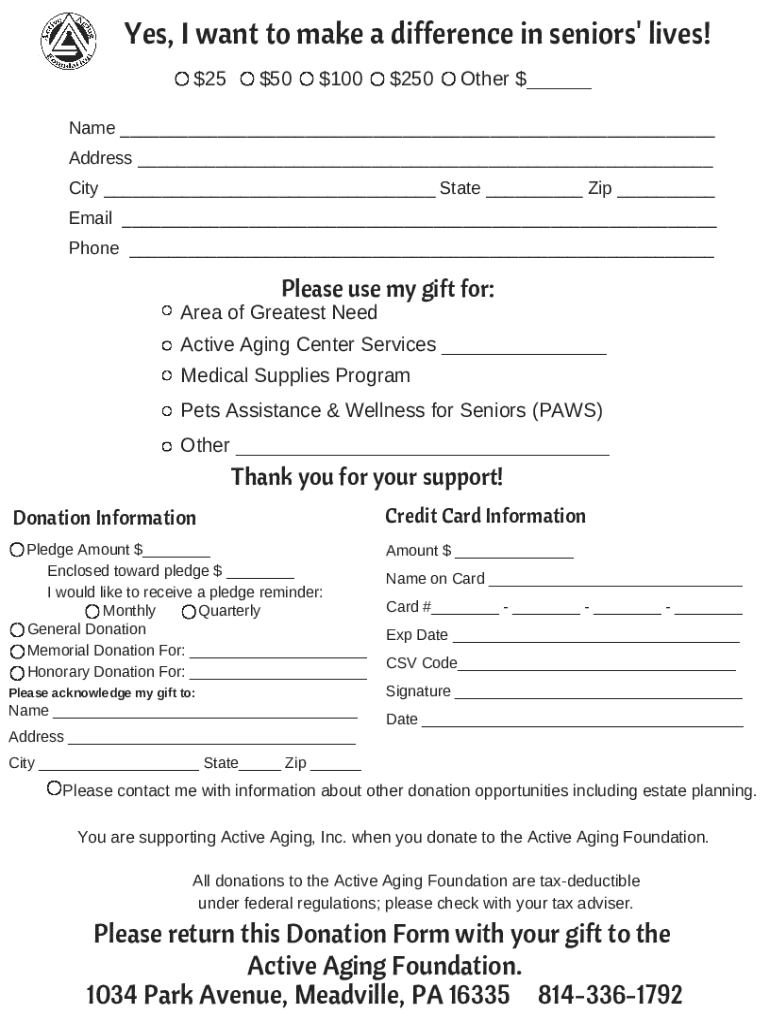 Fillable Online Active Aging Foundation Donation Form Fax Email Print ...