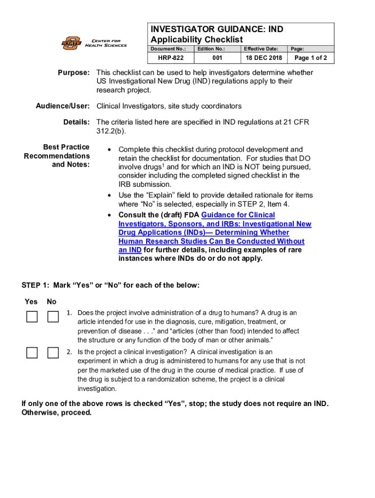 Fillable Online medicine okstate IND Applicability Checklist. Tool ...
