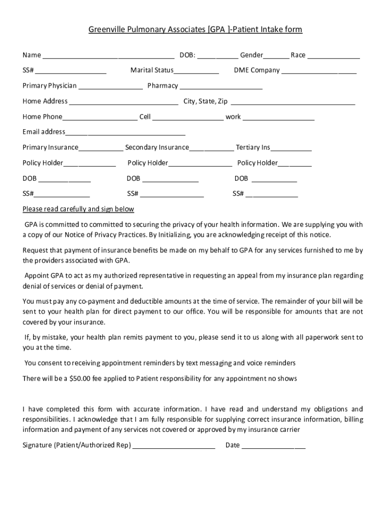 Fillable Online Greenville Pulmonary Associates GPA -Patient Intake ...