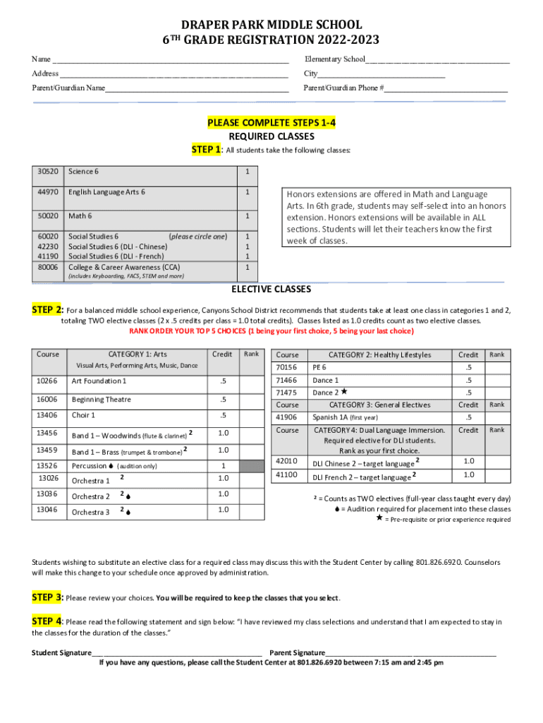 Fillable Online draperpark canyonsdistrict Incoming 6th graders new to ...