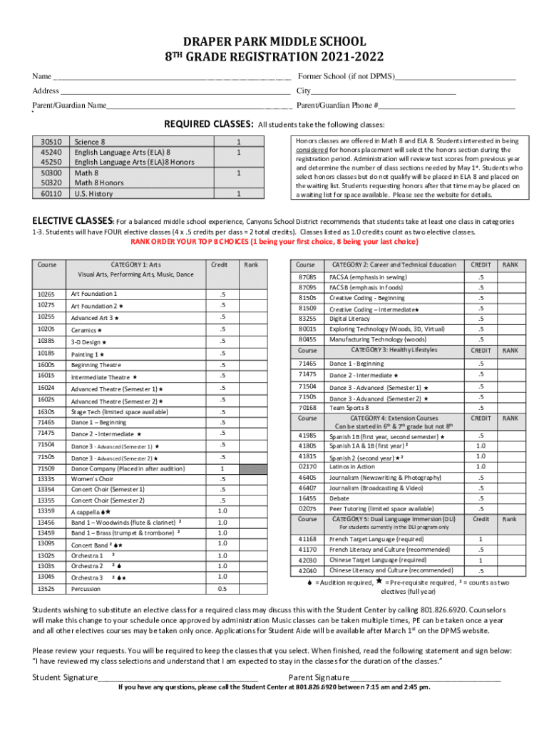 Fillable Online draperpark canyonsdistrict Elective Options - Draper Park Middle - Canyons ...