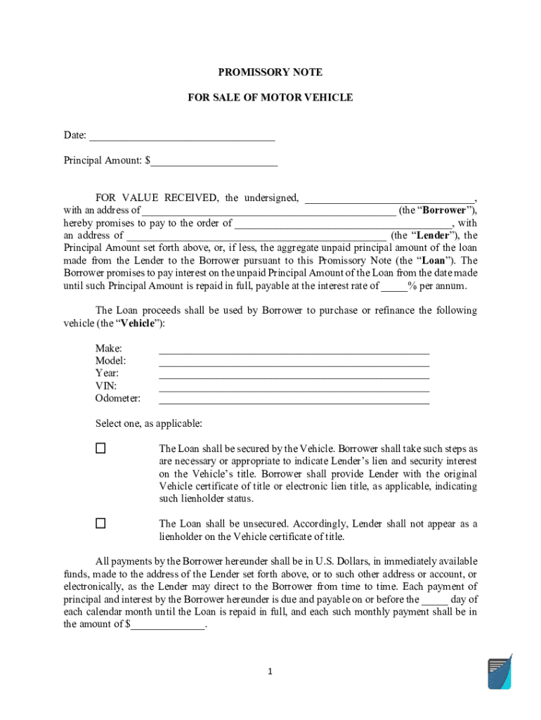 Fillable Online Promissory Note for Motor Vehicle form. Promissory Note ...