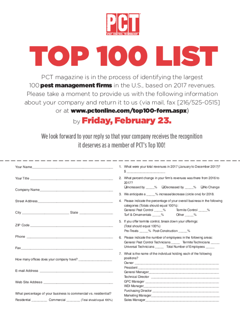 Fillable Online Get Listed on the PCT Top 100 List! Fax Email Print ...
