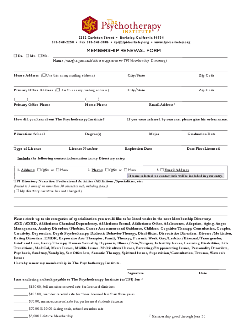 Fillable Online Psychotherapy Institute - Counseling & Mental Health ...