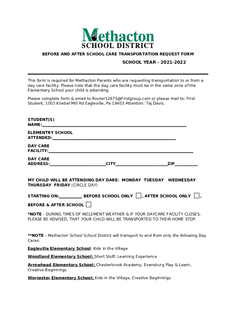 Before and After School Care Transportation Request Doc Template ...