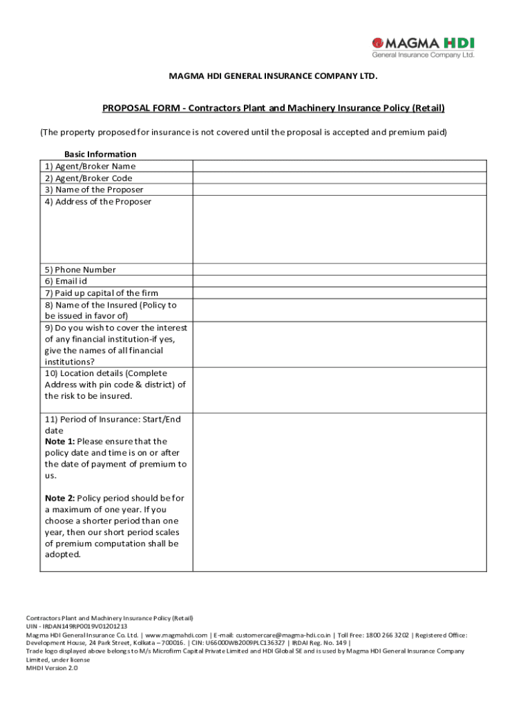 Fillable Online proposal form contractors all risk insurance policy (retail) Fax Email Print ...