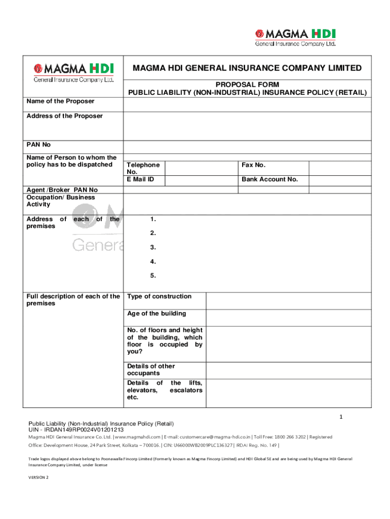 Fillable Online proposal form - public liability (non-industrial ...