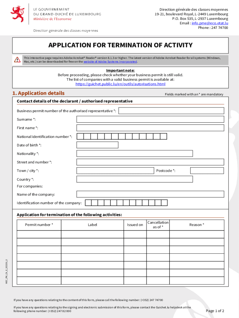 Fillable Online Application for termination of activity Fax Email Print ...