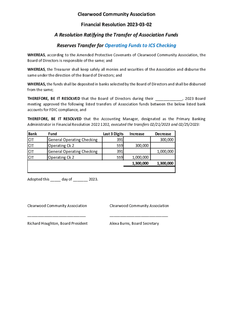 Fillable Online A Board Resolution to Establish and Impose a Transfer ...