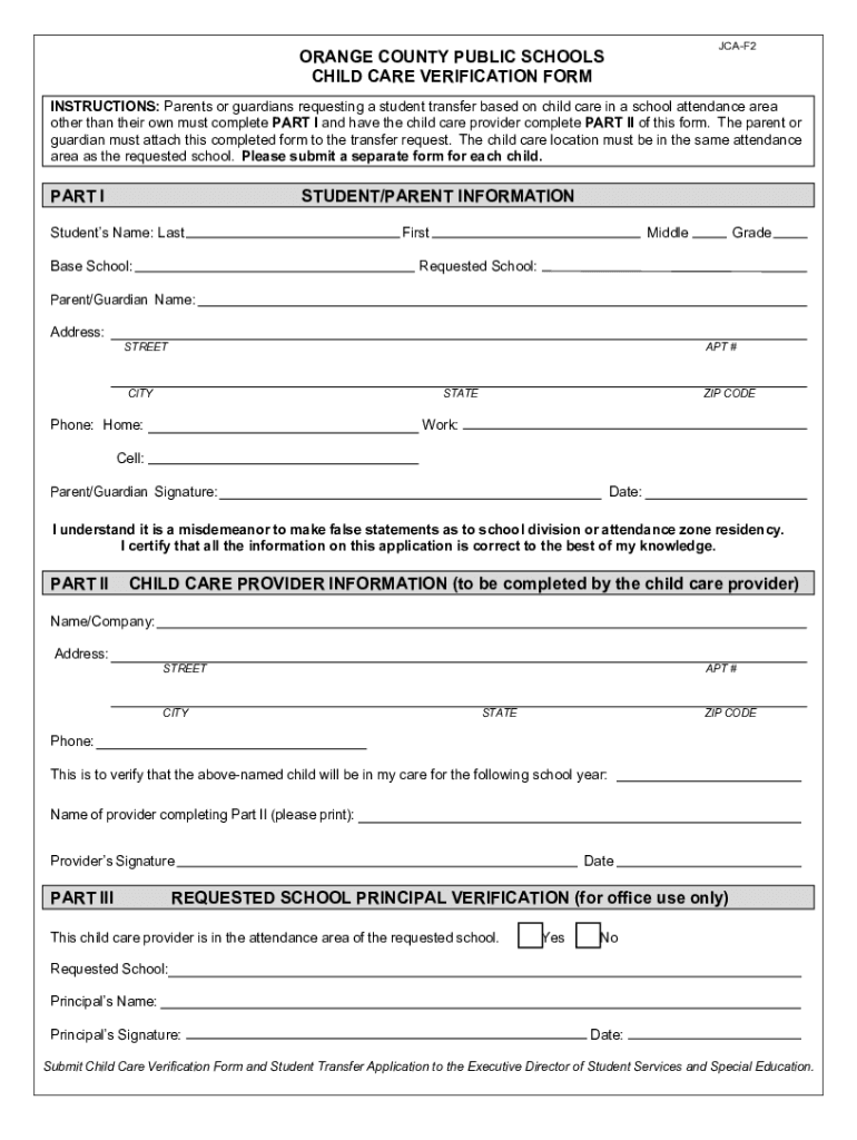 Fillable Online OCPS Child Care Verification Form JCA-F2Approved 5.22. ...